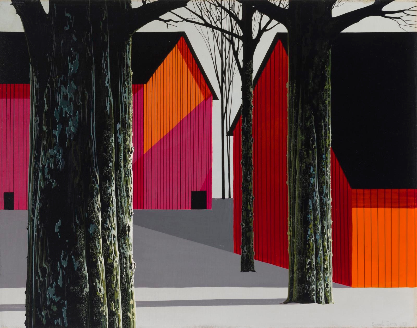 Eyvind Earle | Red Barns and Tall Trees Casting Shadows in a Snow ...
