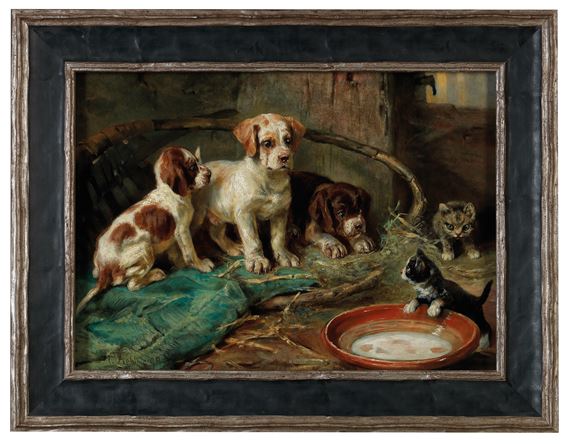 Max Ludwig Lebling | Puppies and Cats in the Barn | MutualArt
