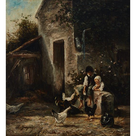 Charles Émile Jacque | CHILDREN PLAYING WITH FARMYARD CHICKENS | MutualArt