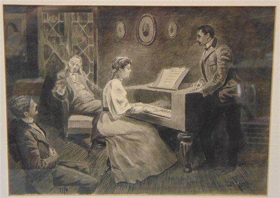 Oliver Kemp | Parlor Scene with Woman Playing the Piano | MutualArt