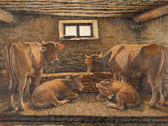 Gottardo Segantini | Zwei Kühe und ihre Kälber im Stall (1944) | MutualArt