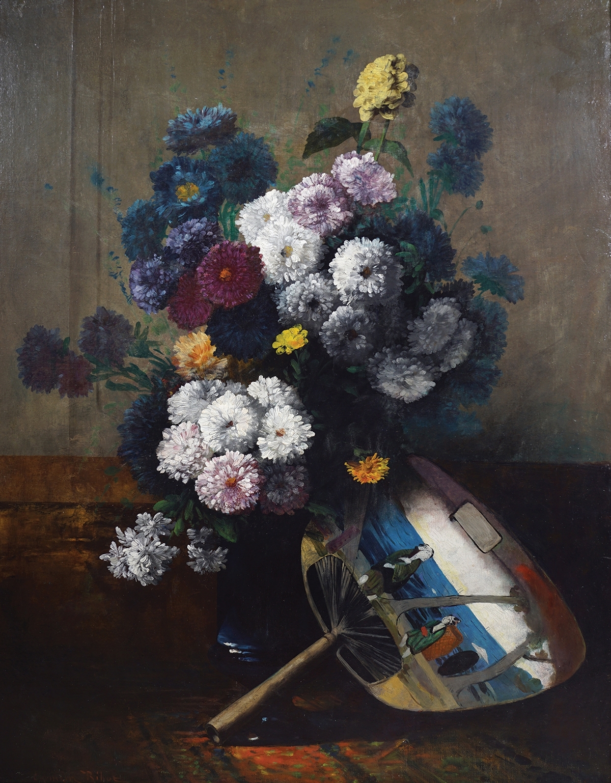 Germain Théodore Ribot | Dahlias and a Chinese fan | MutualArt