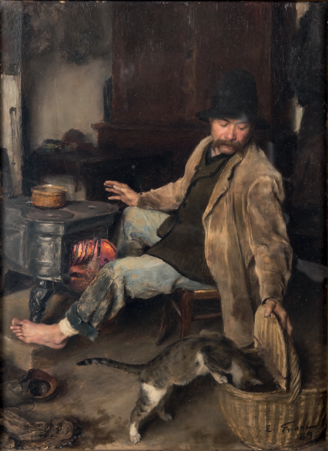 Émile Friant | Homme et son chat près du poêle | MutualArt