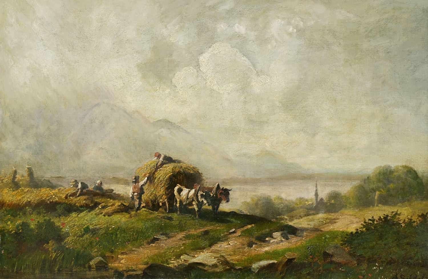 August Seidel | Heuernte am Ufer eines Gebirgssees | MutualArt