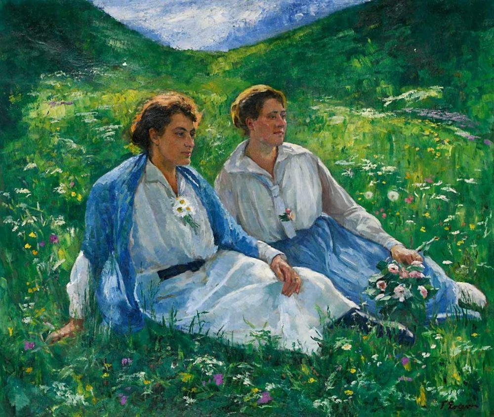 Fritz Erler | Zwei junge Frauen in blühender Wiese | MutualArt