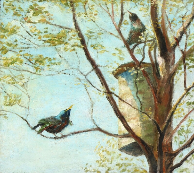 Elise Konstantin-Hansen | Colourful birds by a nesting box | MutualArt
