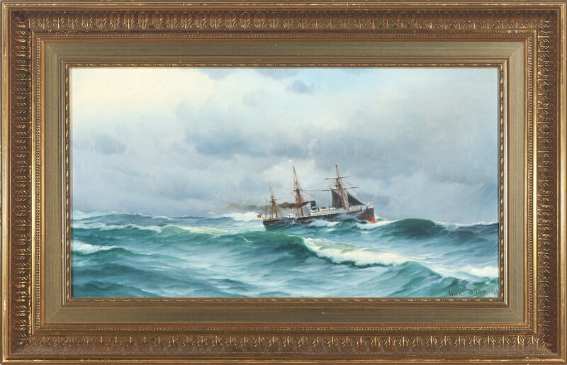 Vilhelm Bille | Seascape with steamboat in rough seas (1891) | MutualArt