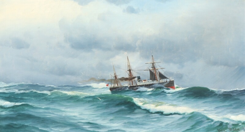 Vilhelm Bille | Seascape with steamboat in rough seas (1891) | MutualArt