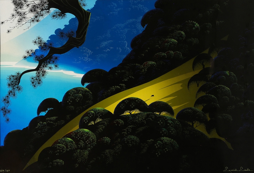 Eyvind Earle | Red Barn and Tree Snow | MutualArt