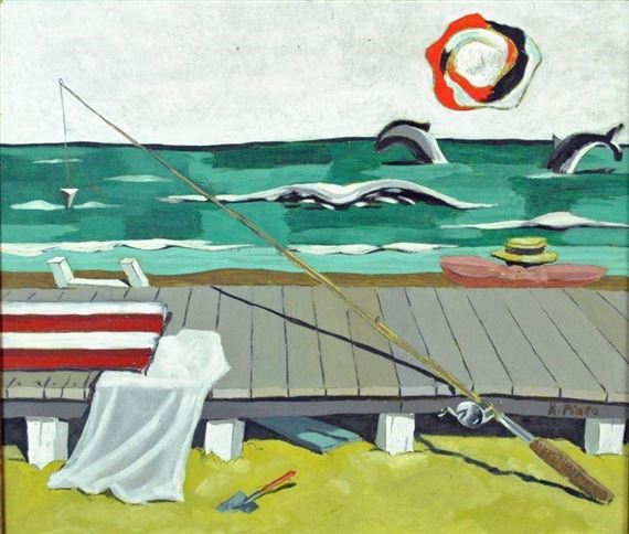 Angelo Pinto | beachside boardwalk with fishing rod | MutualArt