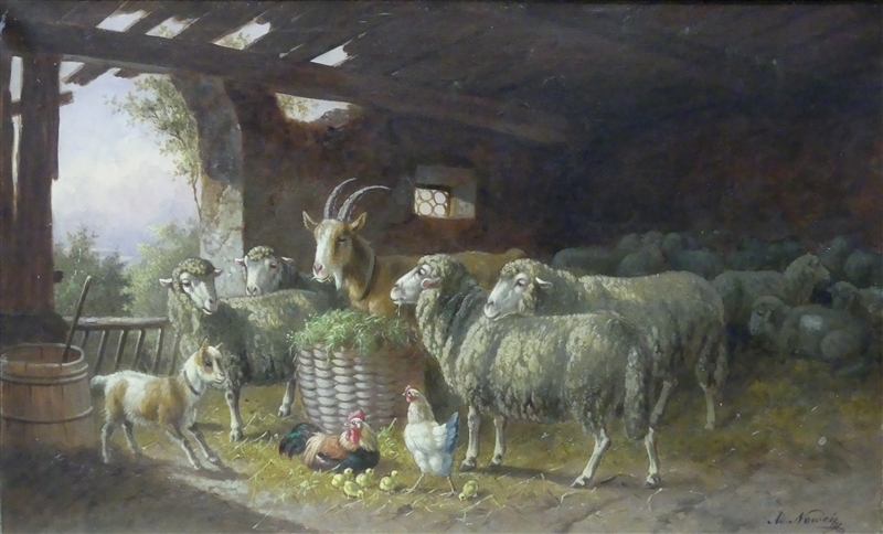 Adolf Nowey | Stallinterieur mit Geißbock, Schafen und Hühnern | MutualArt