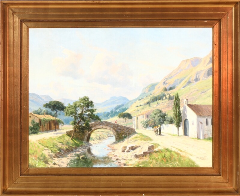 Karl Harald Alfred Broge | A mountain landscape with a small bridge ...