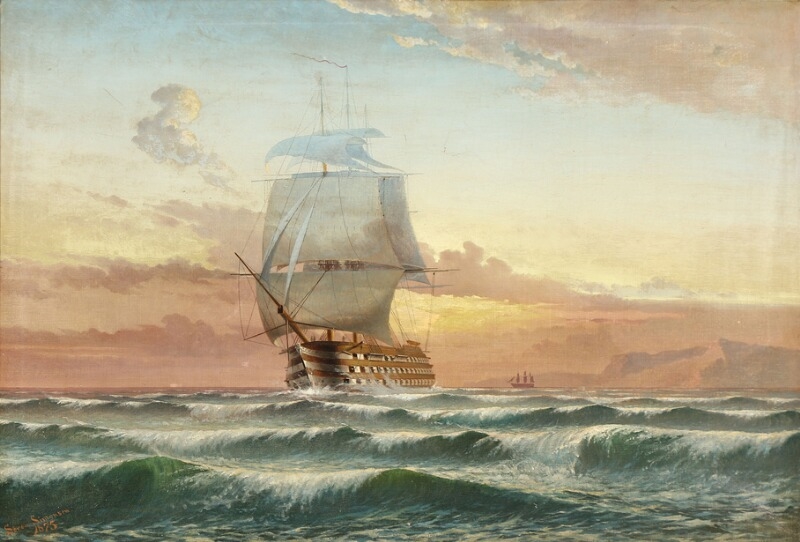Søren Simonsen | Seascape with a war ship at sunset (1875) | MutualArt
