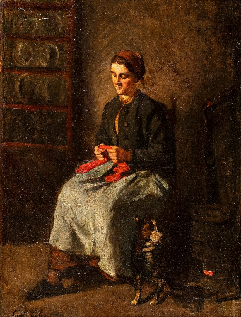 Gustave Colin | Femme et son chien dans un intérieur | MutualArt