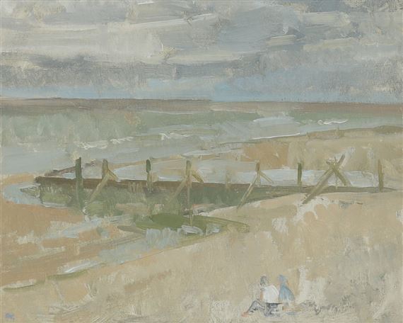 Peter Greenham | Two figures on a beach by a breakwater | MutualArt