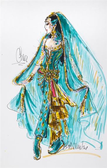 Bob Mackie | Costume sketch with printed outline of Cher in an East ...