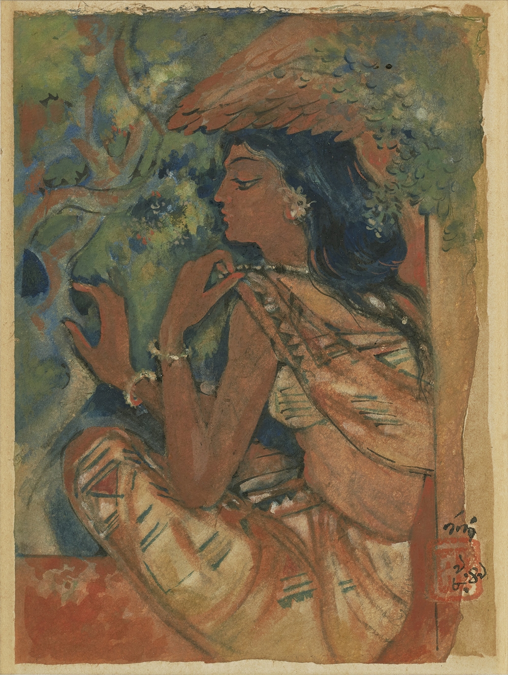 Nandalal Bose | Nulia Tribe’s Woman Seated Outside A Forest Hut (1949 ...