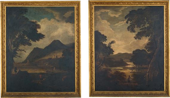 Adriaen Van Diest | A WOODED RIVER LANDSCAPE WITH A FERRY AND FIGURES ...