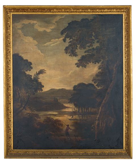 Adriaen Van Diest | A WOODED RIVER LANDSCAPE WITH A FERRY AND FIGURES ...
