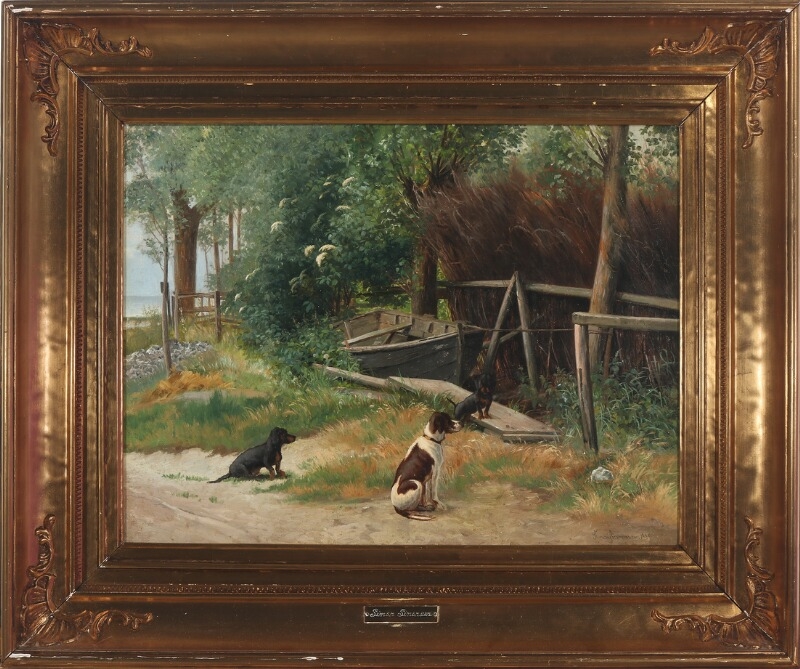 Simonsen Simon | Landscape with dogs at a rowing boat (1889) | MutualArt