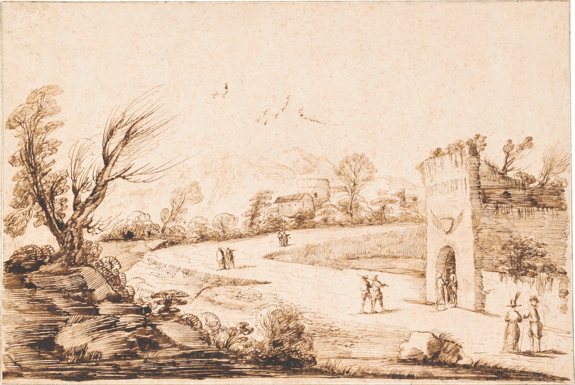 Il Guercino | AN EXTENSIVE LANDSCAPE WITH A WINDING ROAD, SEVERAL ...