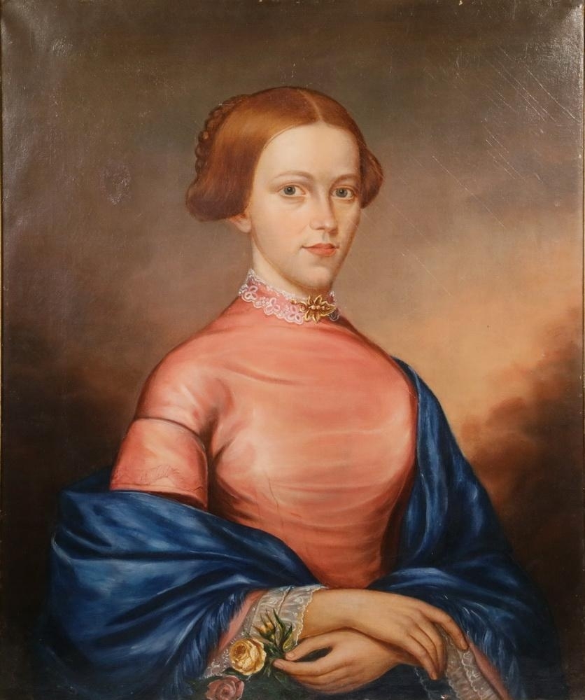 Daniel Huntington | Portrait of a Young Ginger Haired Woman in a pink ...