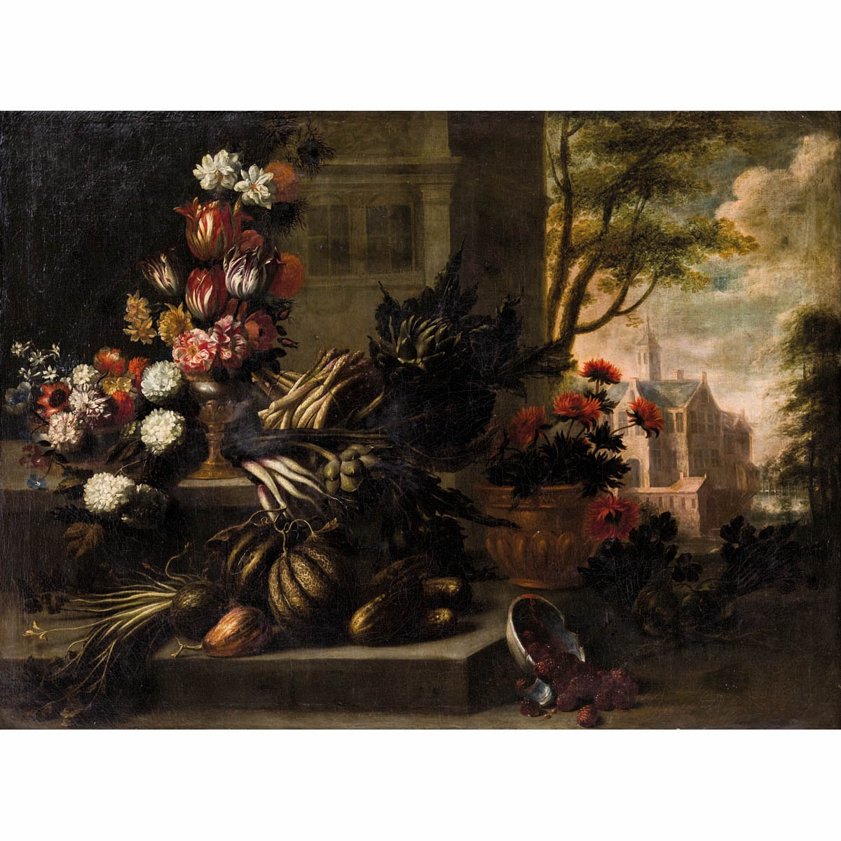 Jan Baptist Bosschaert | Open Air Scene with Flower Vases, Vegetable ...