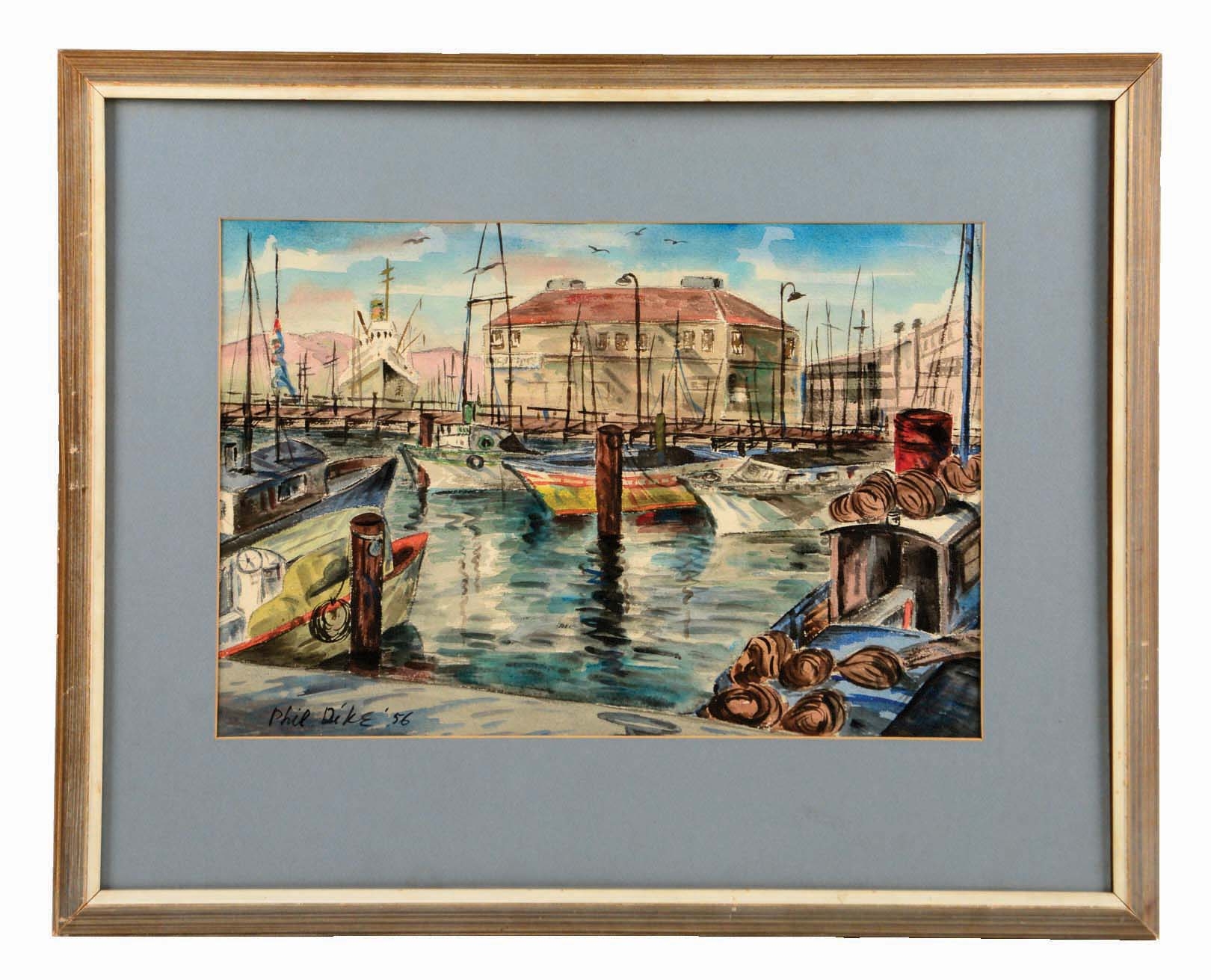 Phil Dike | HARBOR SCENE WITH CENTRAL BUILDING (1956) | MutualArt