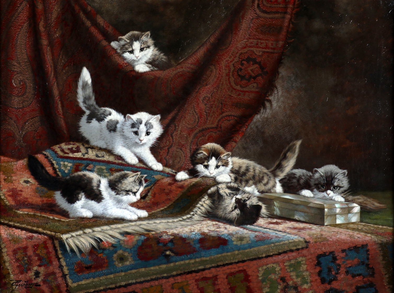 Cornelis Raaphorst | Kittens playing with a Persian rug and pearl spoon ...