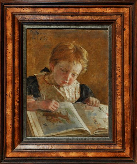 Paul Hoecker | Mädchen über ein Bilderbuch Gebeugt (1885) | MutualArt