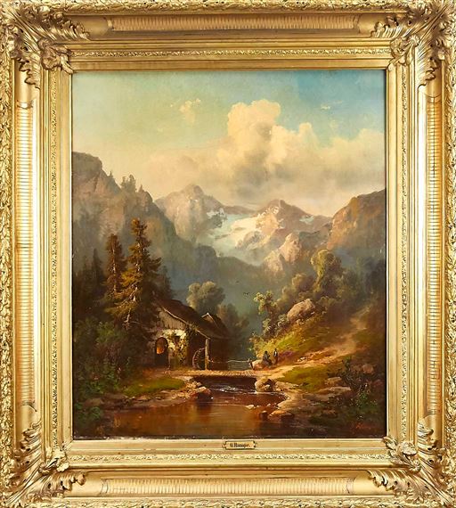 Guido Hampe | ''Alpenländische Landschaft mit Flußlauf, Mühle und ...