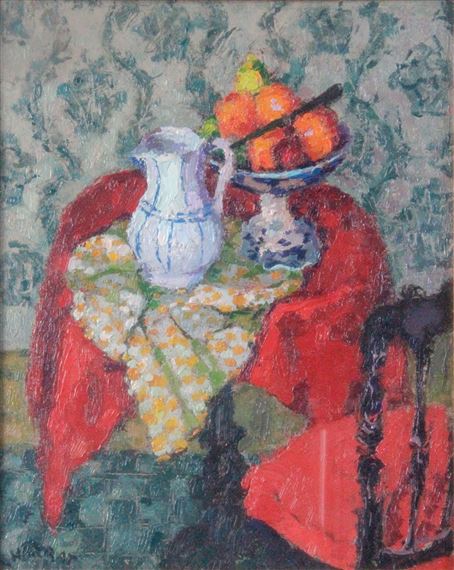 Louis Charrat | NATURE MORTE DE FRUITS À LA NAPPE ROUGE | MutualArt
