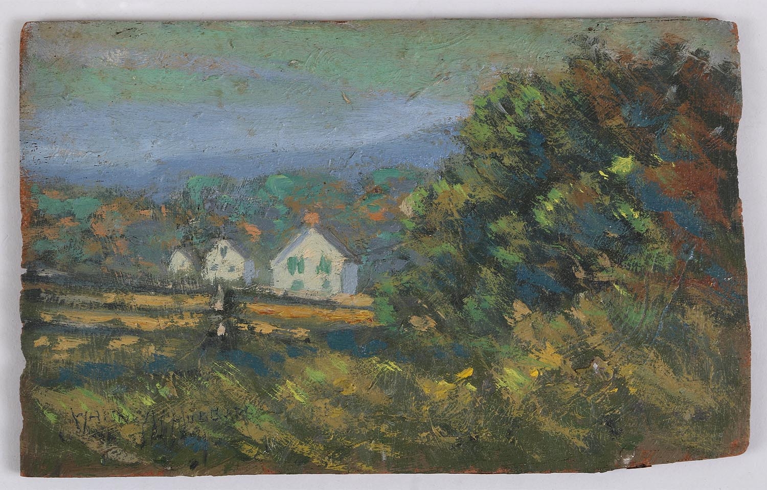 Whitney Hubbard | Small landscape with houses and fence | MutualArt