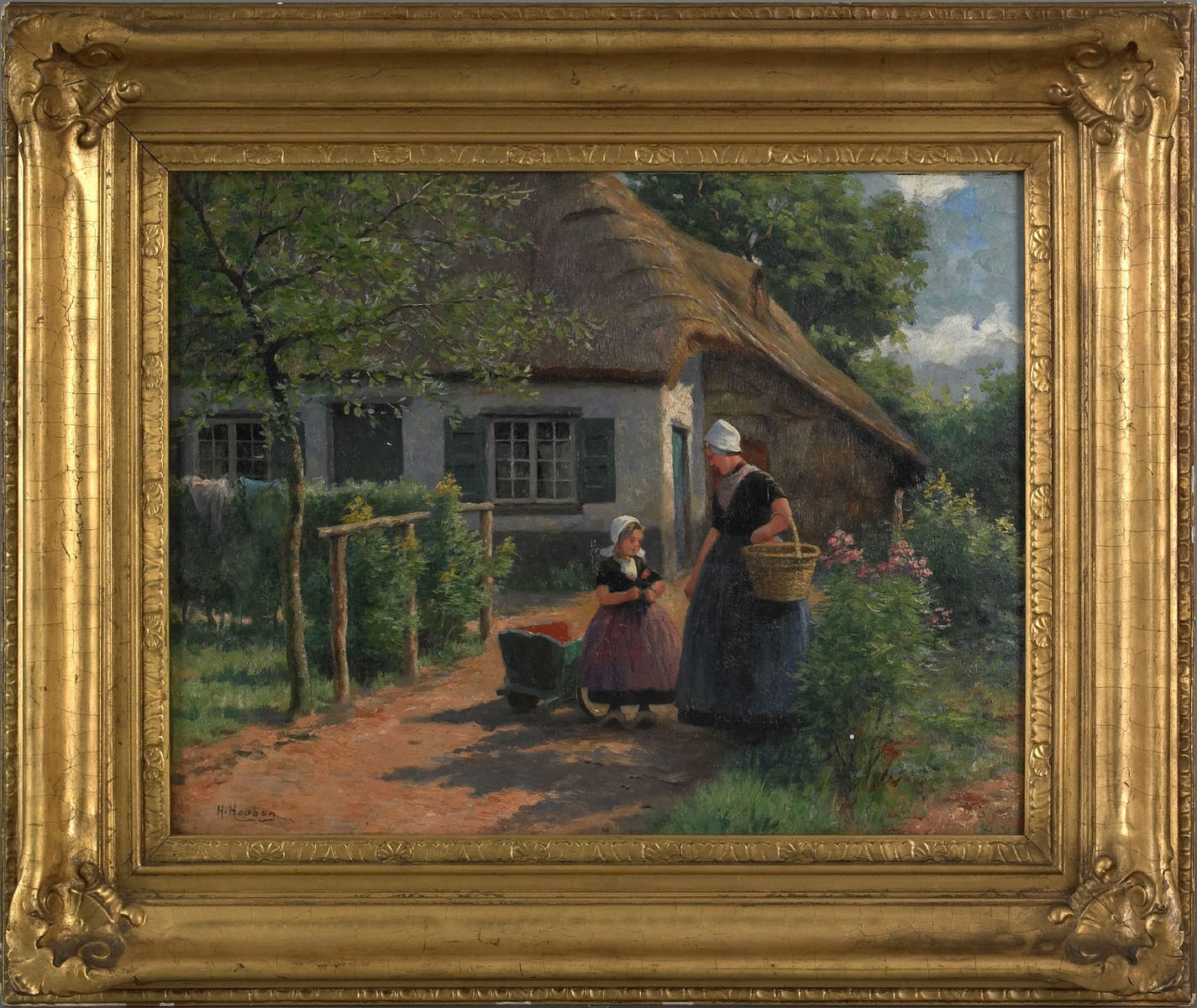 Henri Houben | Cottage scene with mother and daughter | MutualArt