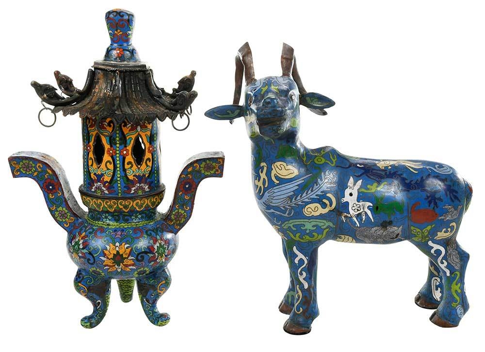 Chinese School, 20th Century | Cloisonne Figural Ram and Temple Form ...