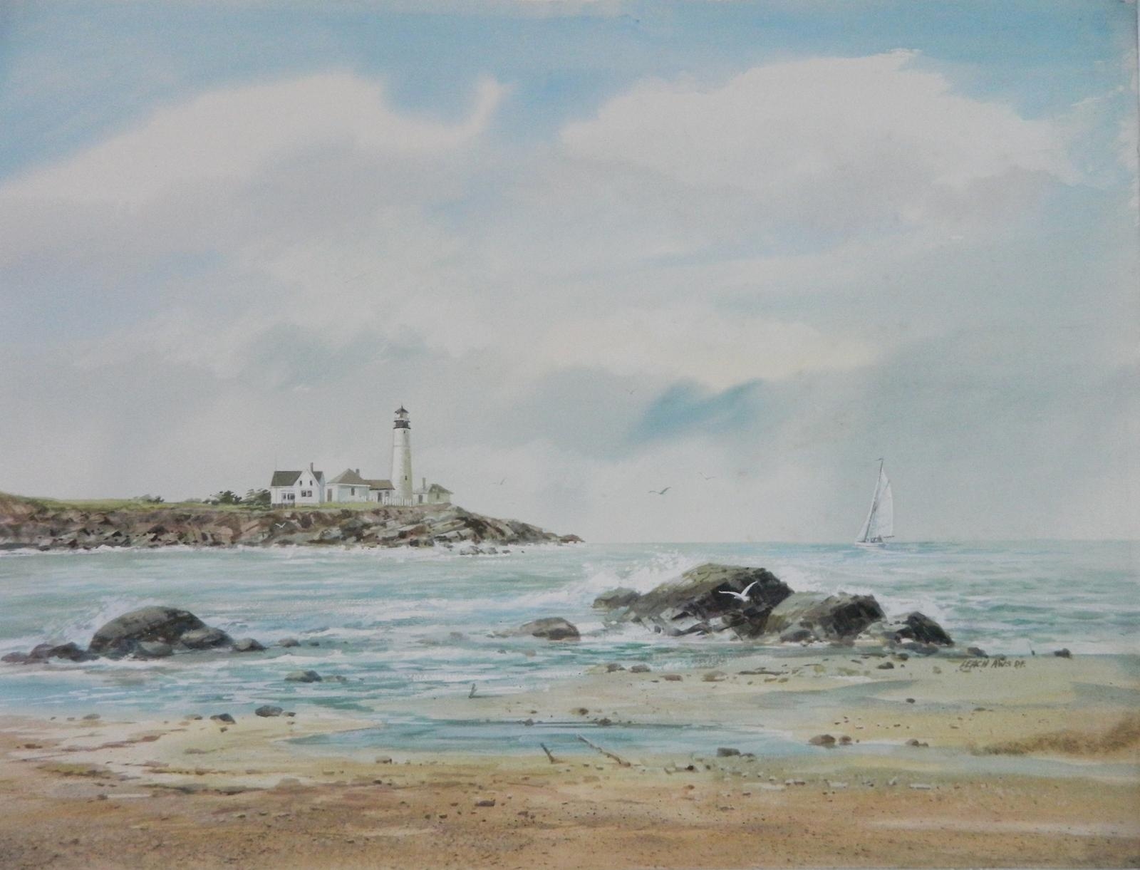 Fred Leach | Sailboat on A Lake with Lighthouse | MutualArt