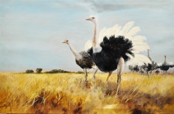 German School, 20th Century | Strausse in der Savanne (20th Century ...