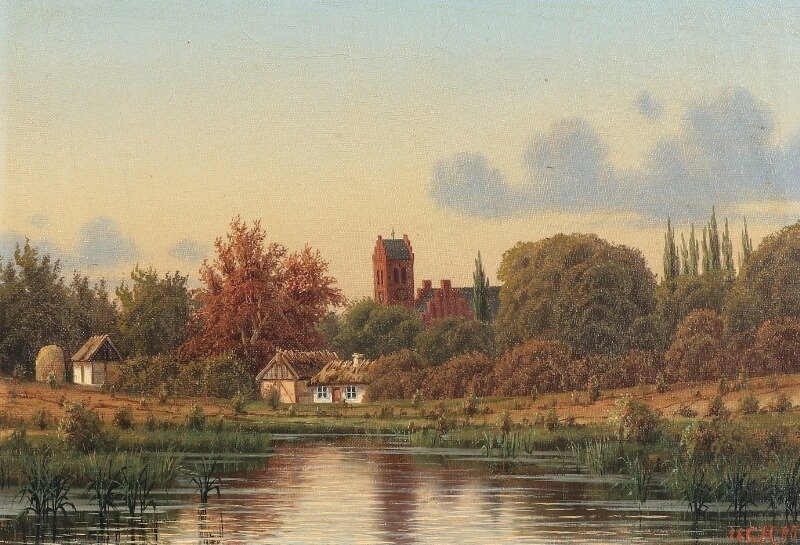 Gustav Holmbom | Danish landscape with houses and a church in the ...