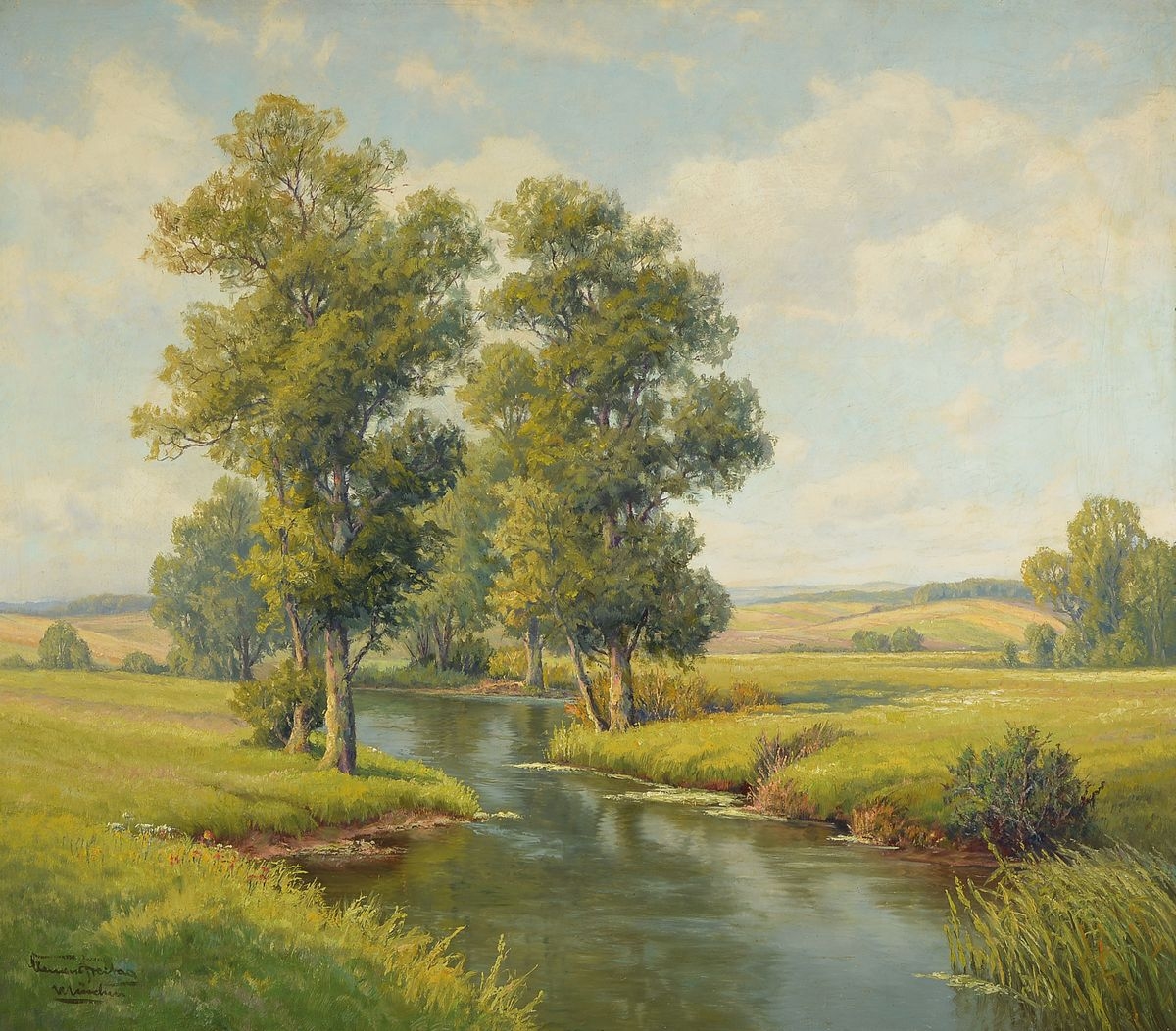 Clemens Freitag | Meadow landscape with trees on the shore of a beck ...