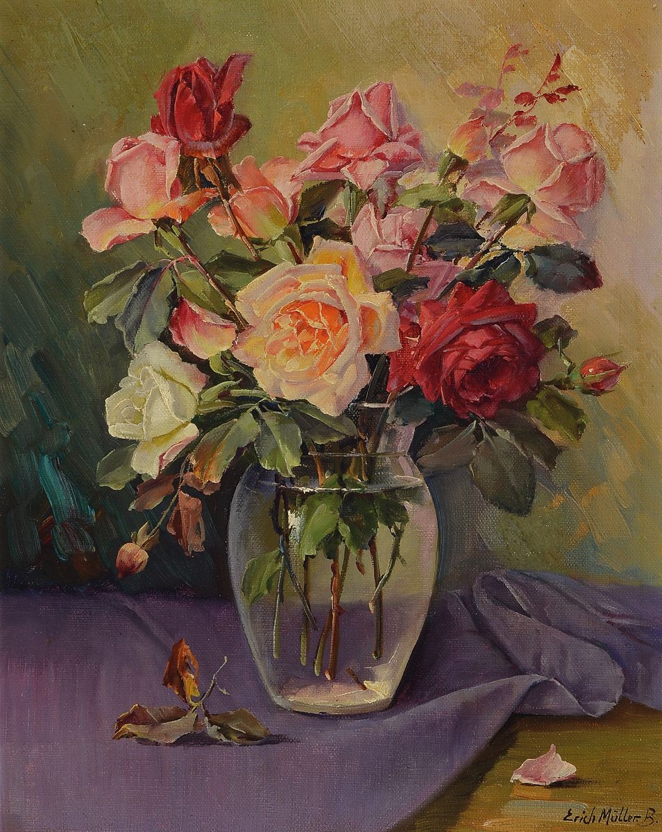 Erich Martin Müller | Still life with roses in glass vase | MutualArt