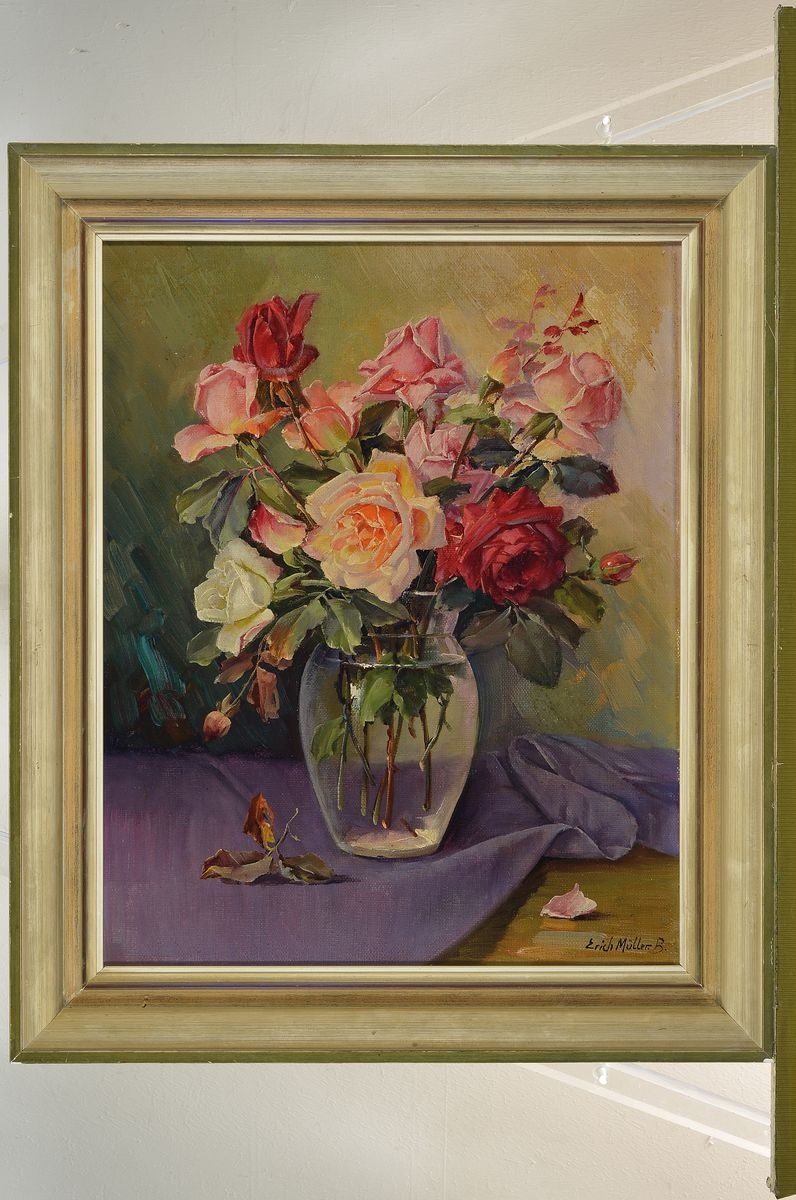 Erich Martin Müller | Still life with roses in glass vase | MutualArt