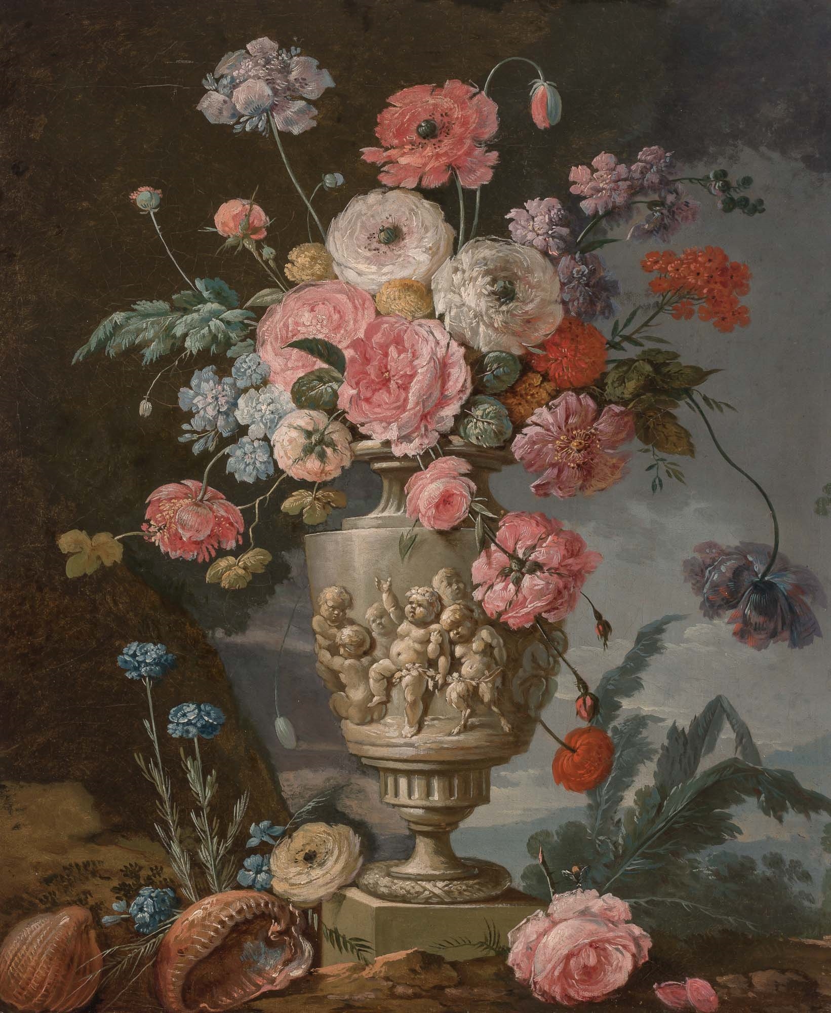 Jean-Louis Prévost | Roses and Other Flowers in a Carved Stone Urn in a ...