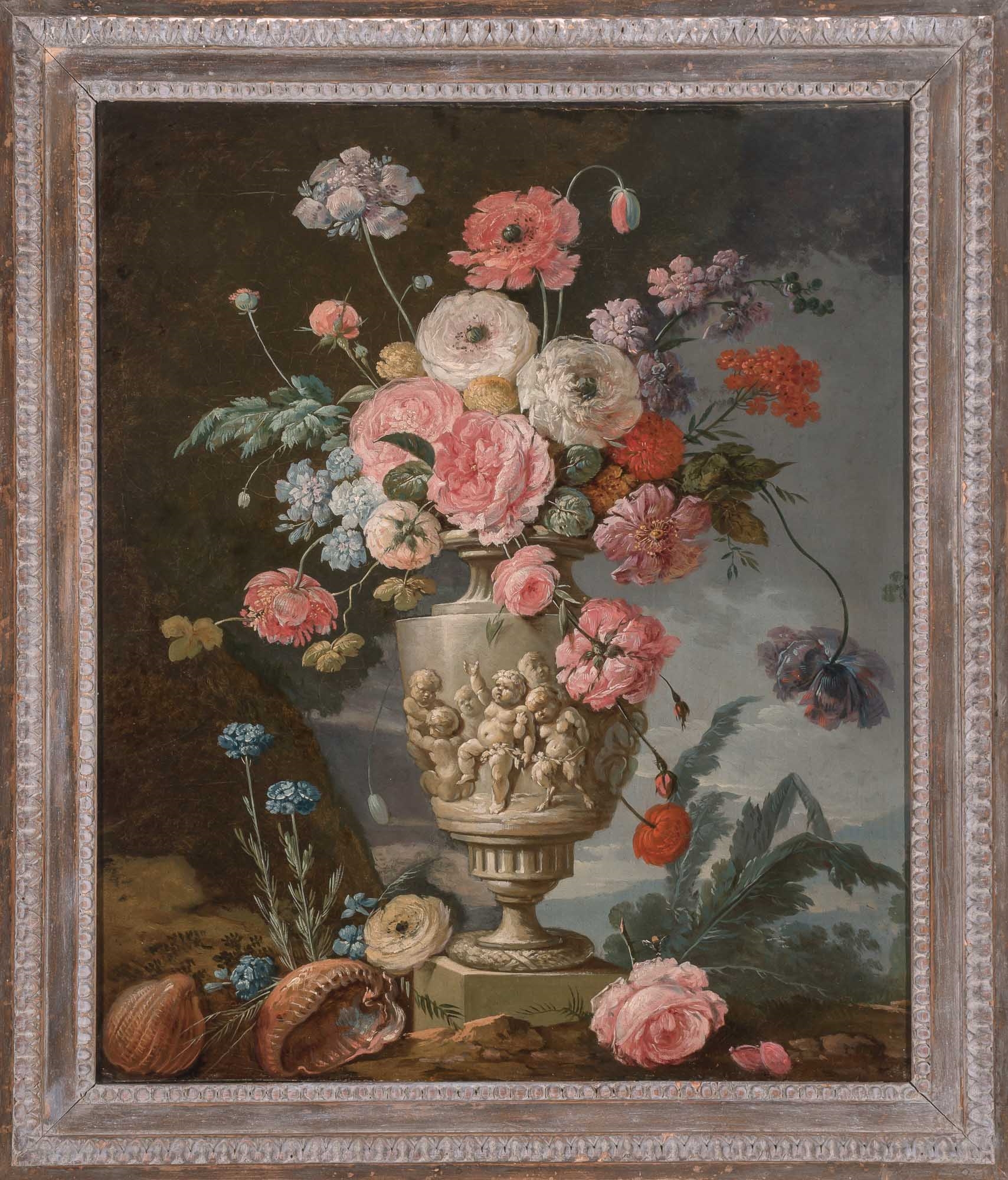Jean-Louis Prévost | Roses and Other Flowers in a Carved Stone Urn in a ...