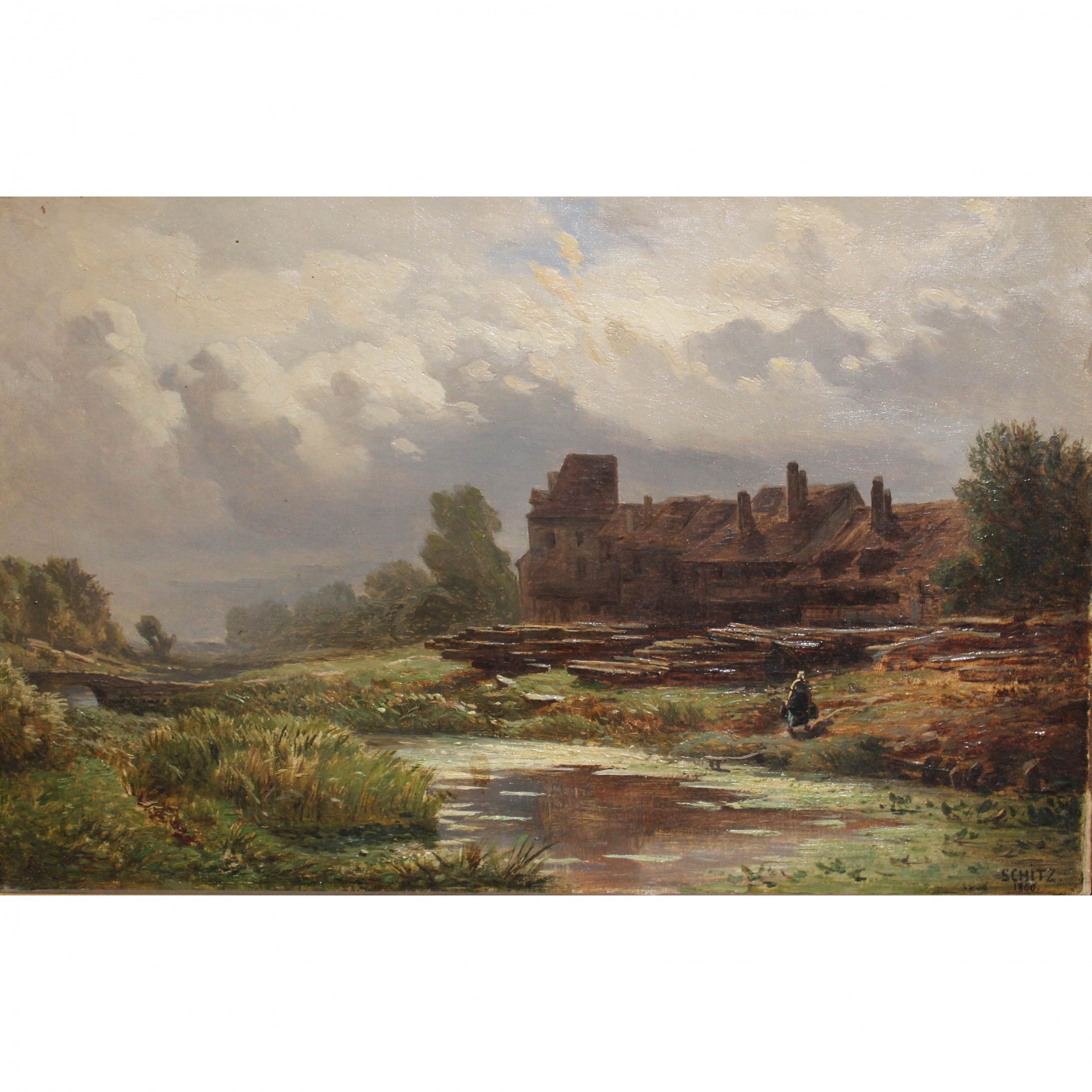 Jules Nicholas Schitz | Paysage Animé en Bord de Rivière (1860) | MutualArt
