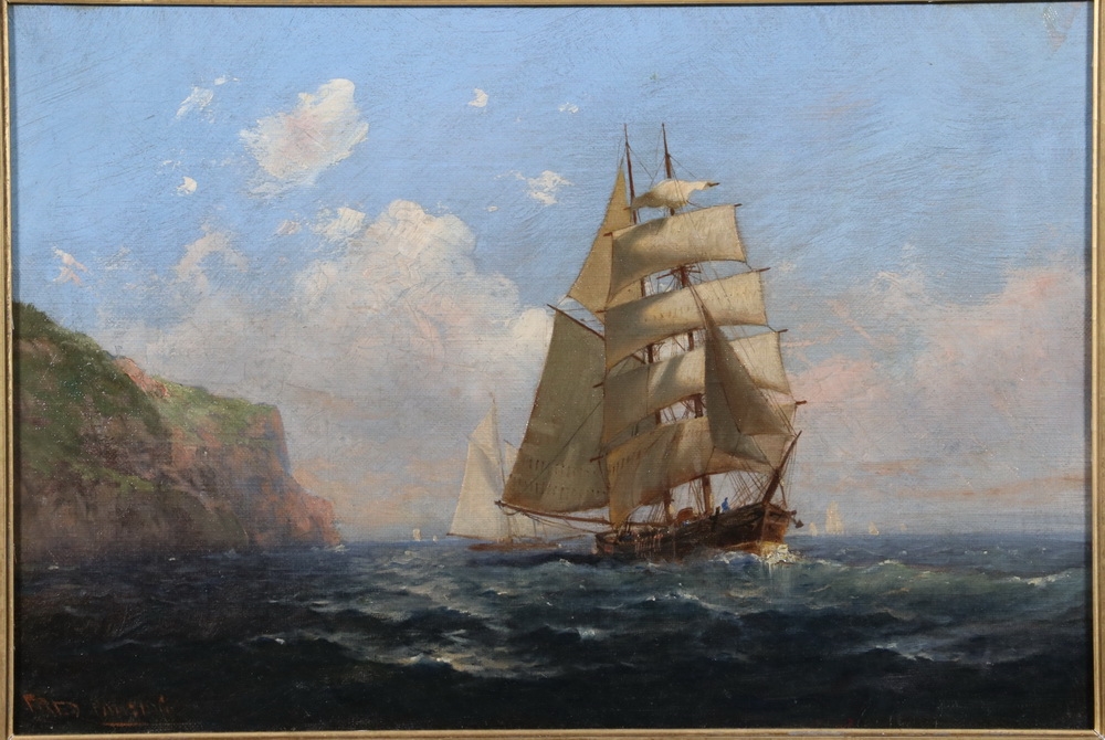 Pansing Fred | Brigantine Hugging a Sheer Cliff Coast | MutualArt
