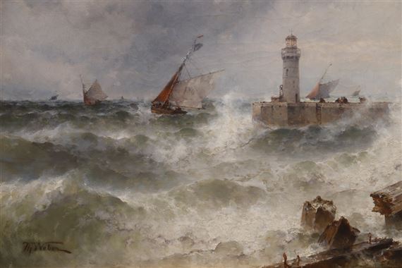 Theodore Alexander Weber | Storm Lashing a Mole Lighthouse | MutualArt