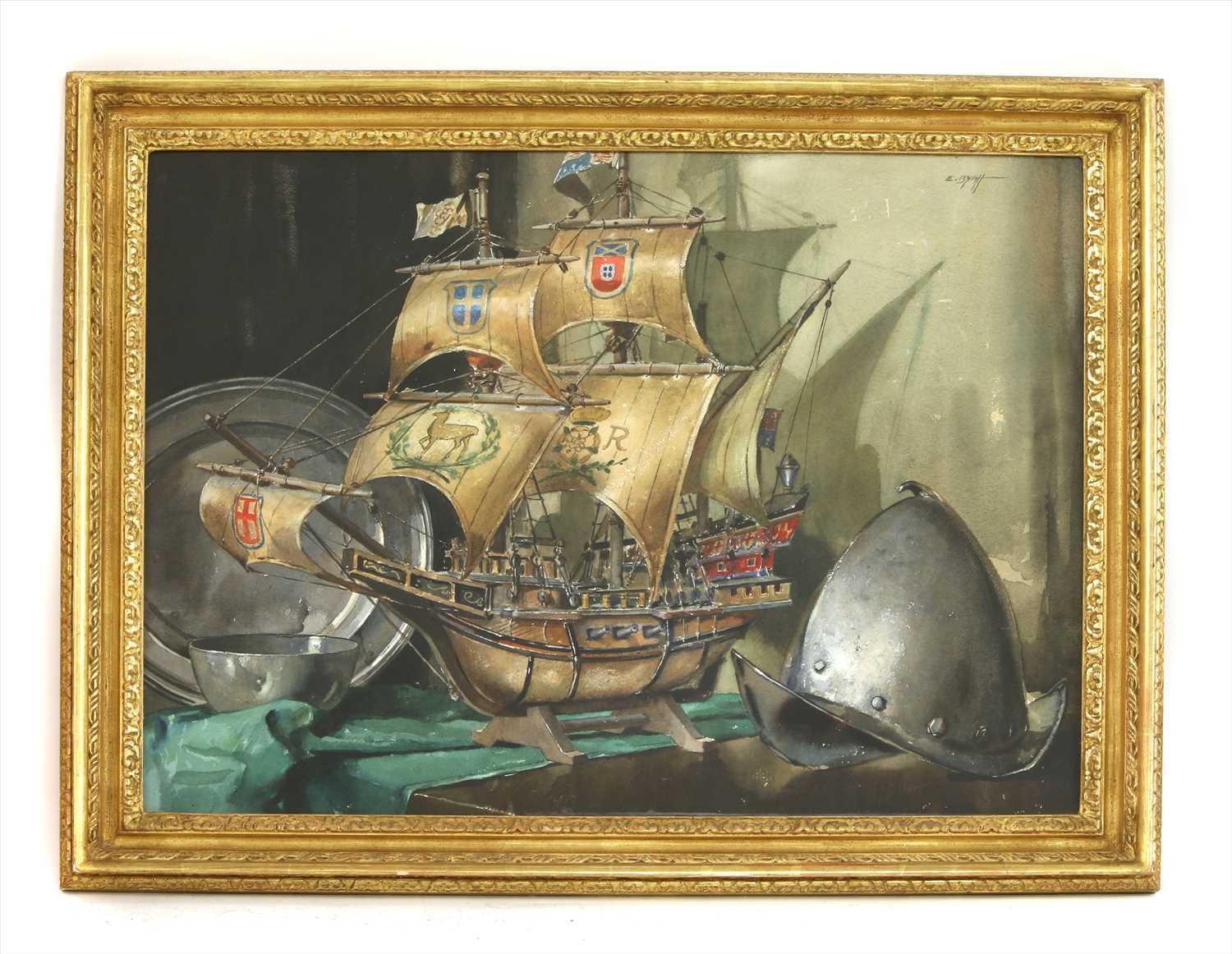 Edwin Byatt | MODEL GALLEON WITH A PEWTER SALVER AND HELMET; REGENCY ...