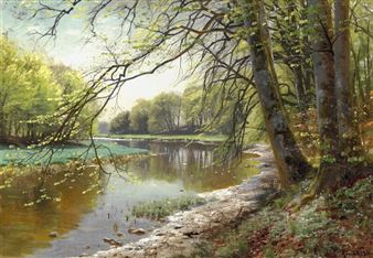 Peder Mork Monsted | Summer Day with a Stream Winding Through Meadow and Forest (1901) | MutualArt