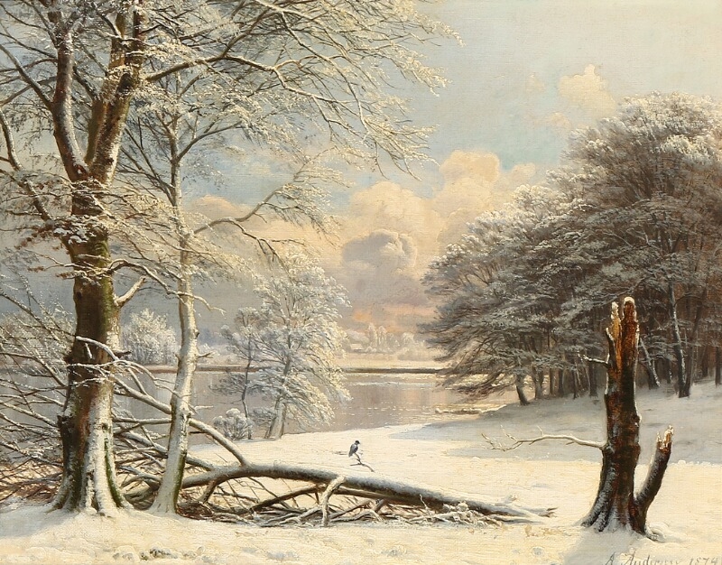 Anders Andersen-Lundby | Winter scene with people walking along a brook ...