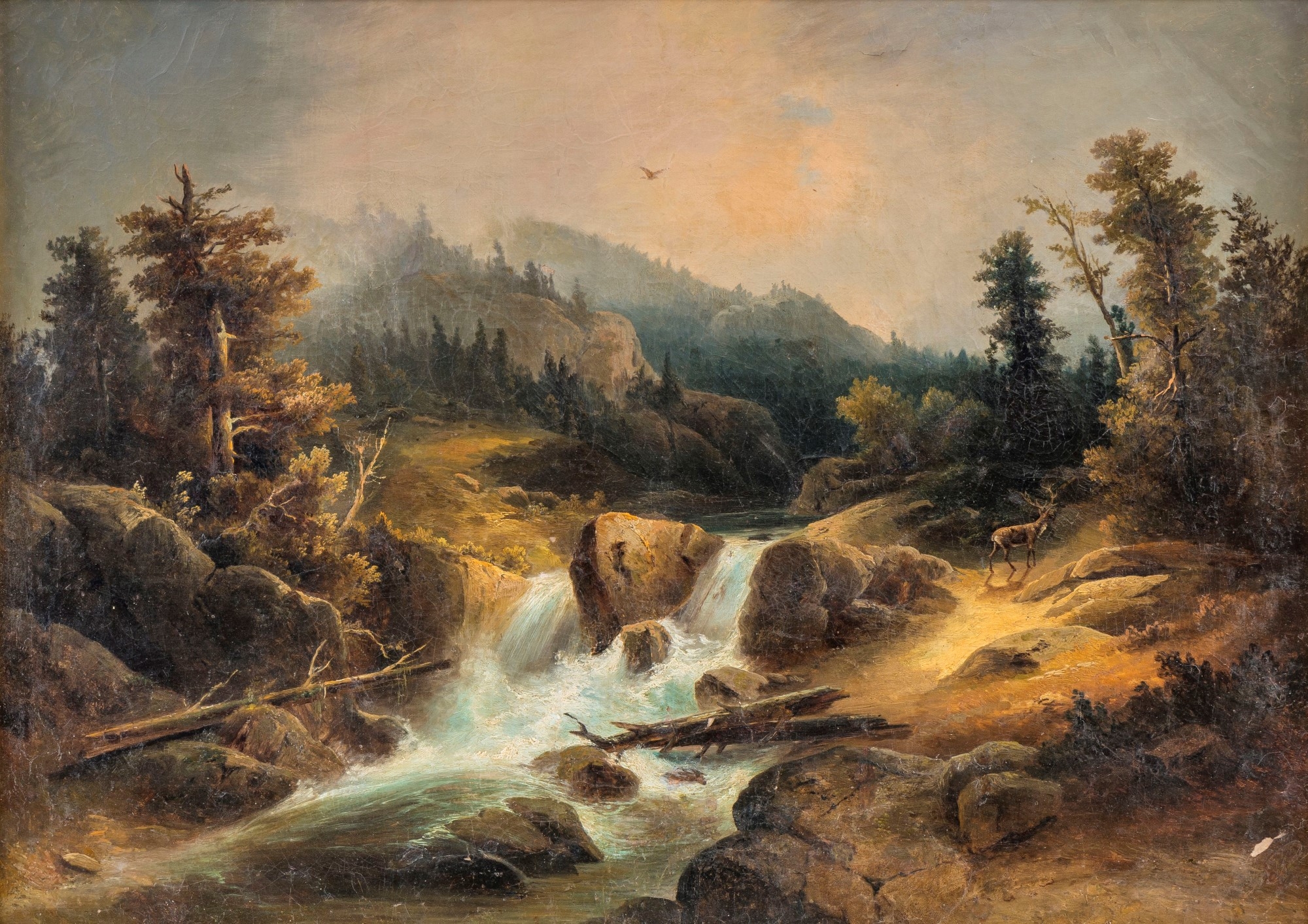 Alexandre Calame | A figure on a beaten track by a lake, with mountains ...